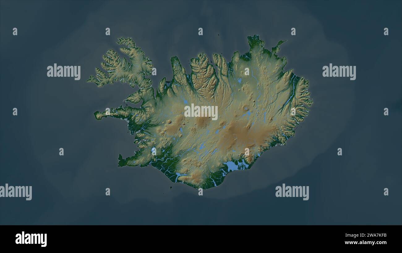Iceland highlighted on a Colored elevation map with lakes and rivers ...