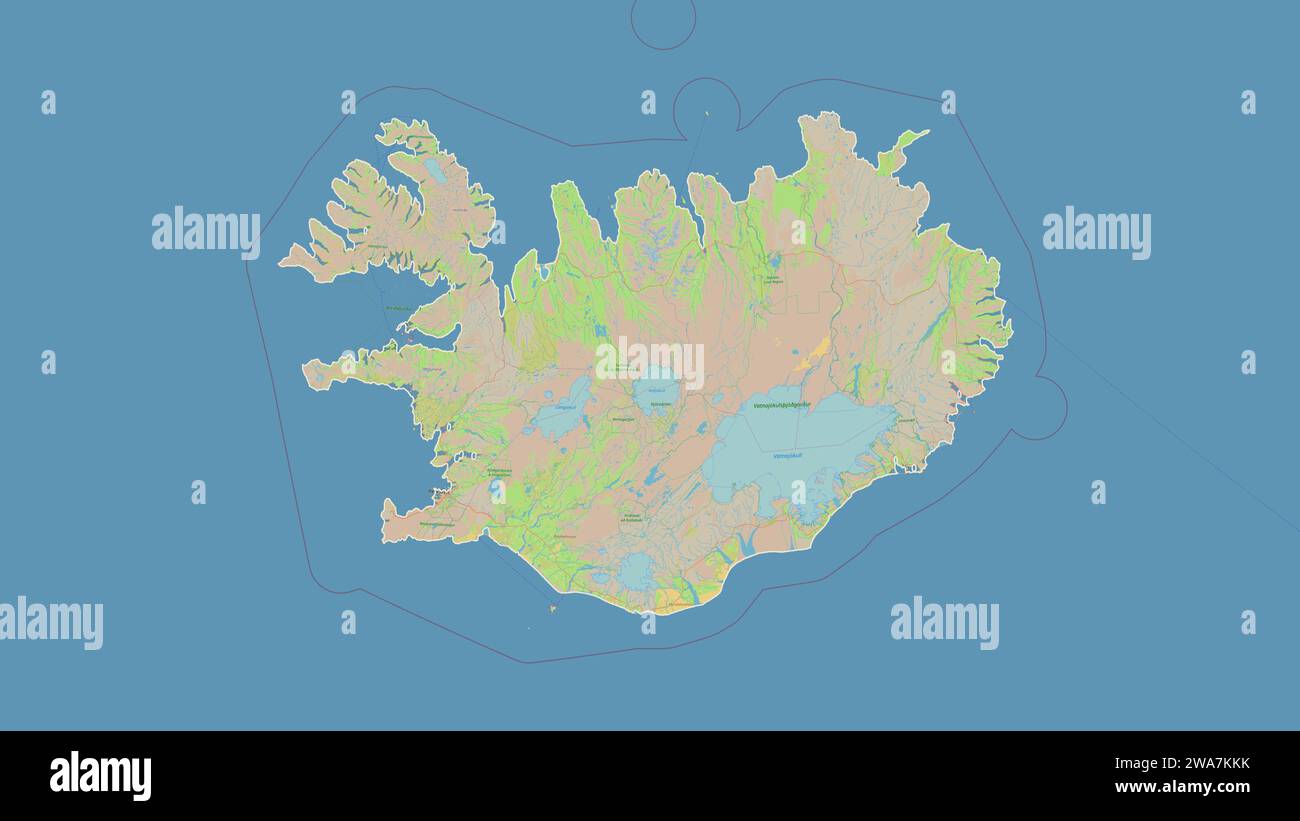 Iceland outlined on a topographic, OSM standard style map Stock Photo - Alamy
