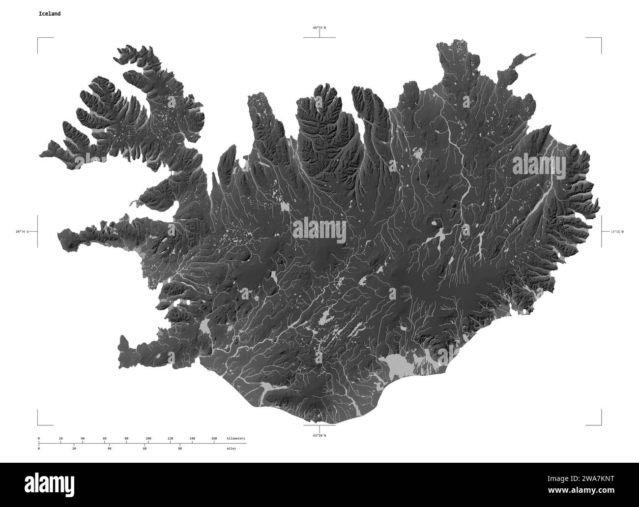 Shape of a Grayscale elevation map with lakes and rivers of the Iceland ...