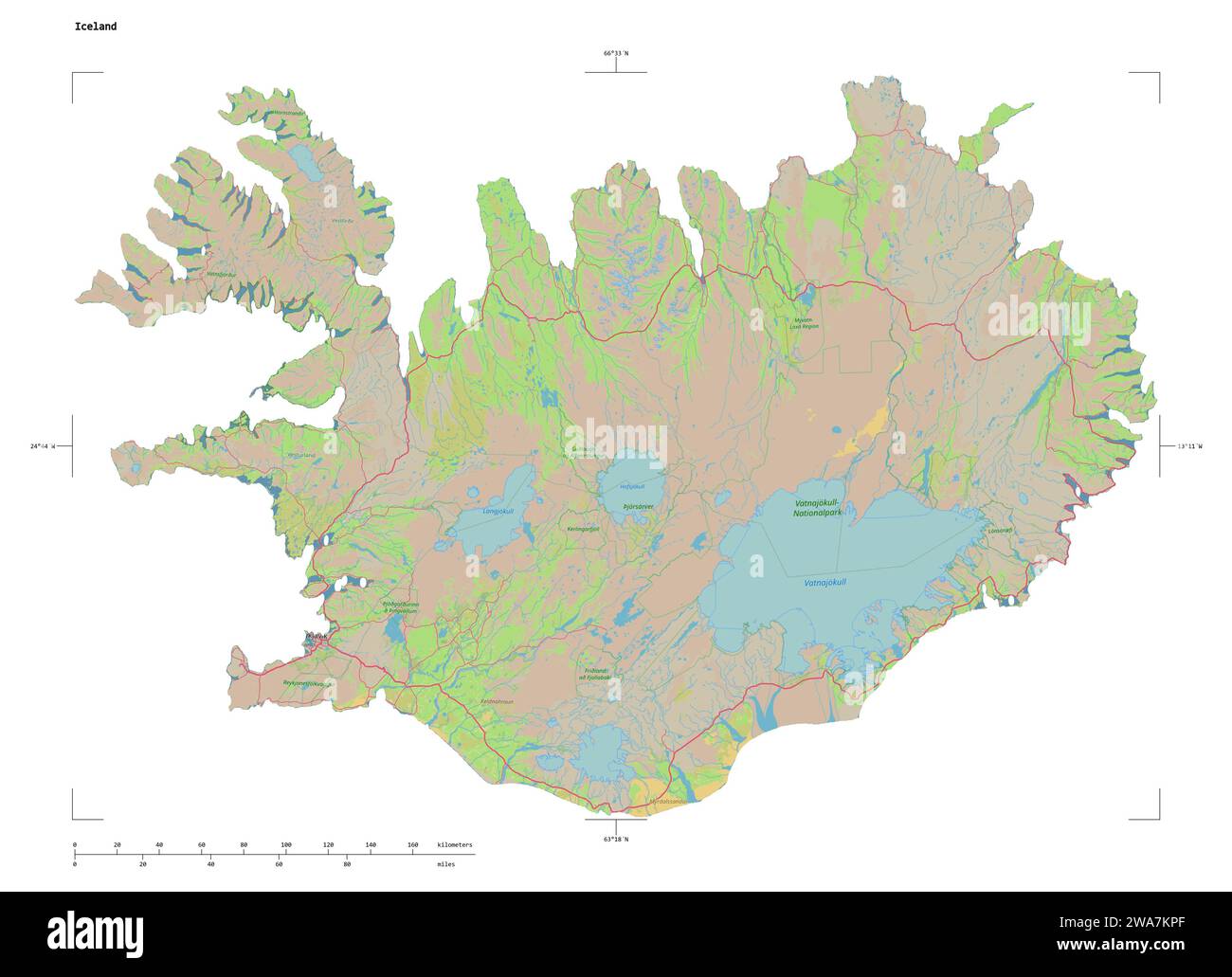 Shape of a topographic, OSM Germany style map of the Iceland, with ...