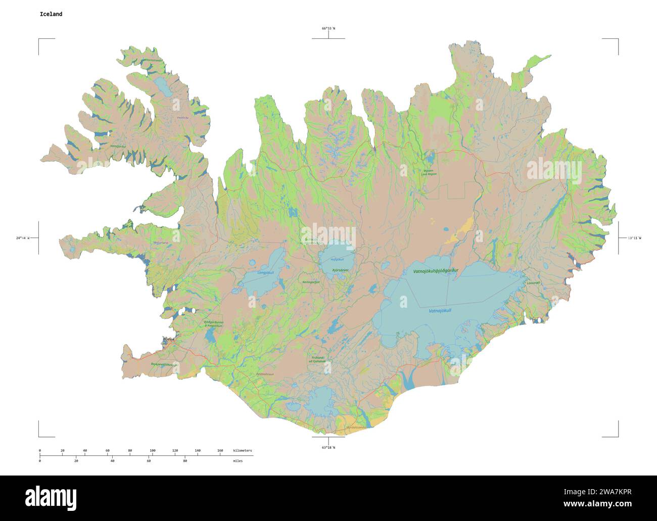 Shape of a topographic, OSM standard style map of the Iceland, with distance scale and map ...