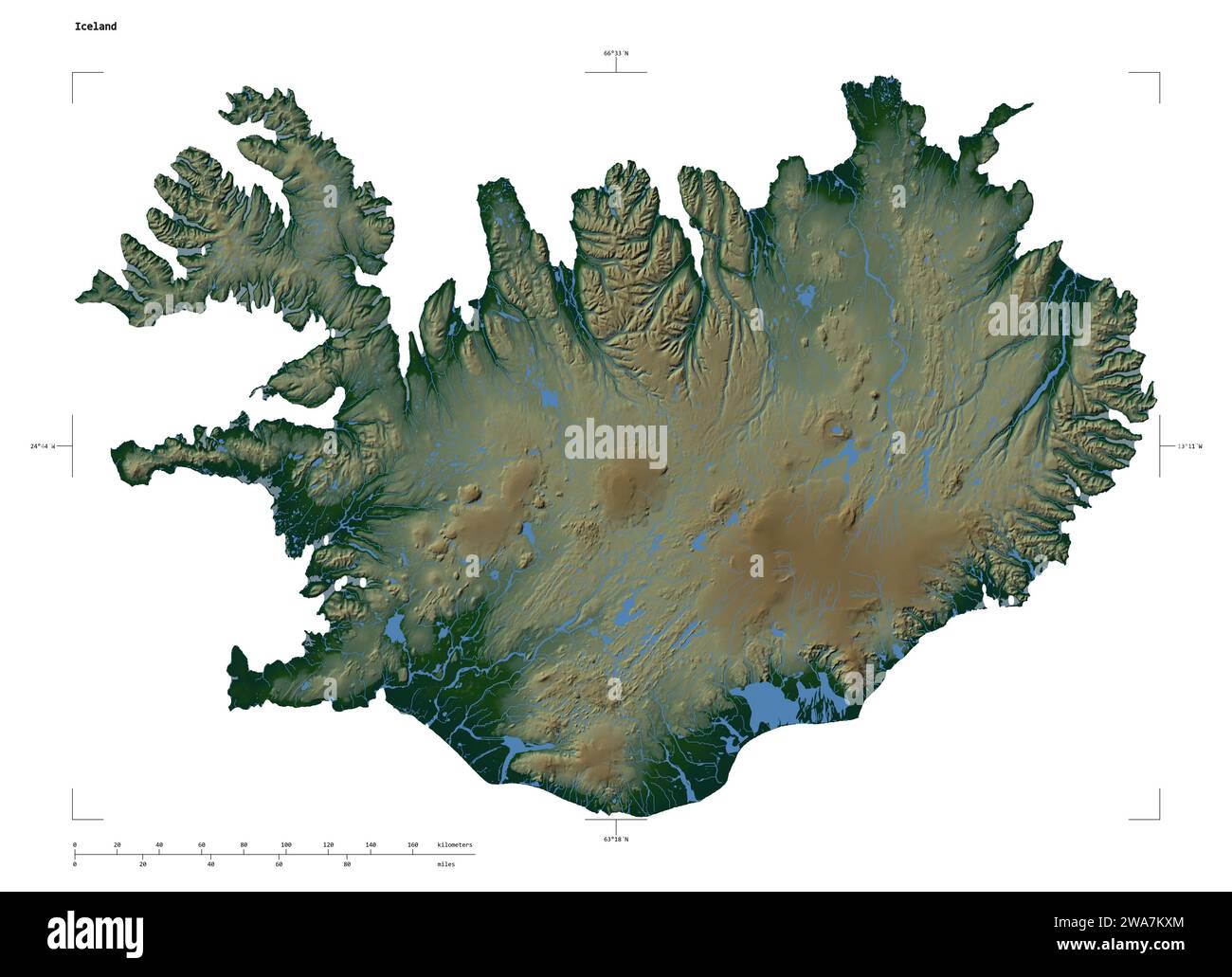 Shape of a Colored elevation map with lakes and rivers of the Iceland ...