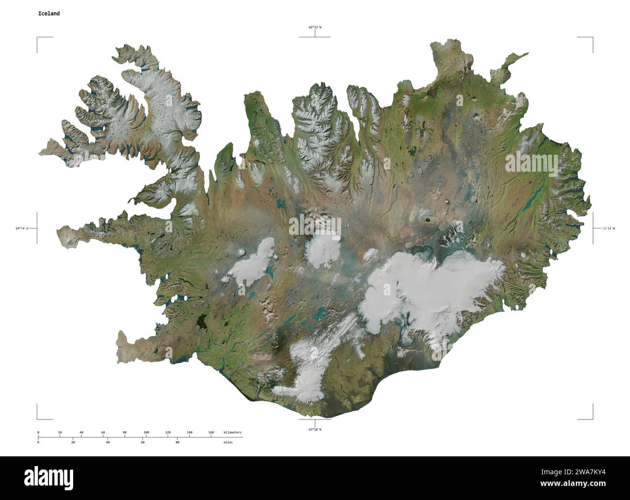 Shape of a high resolution satellite map of the Iceland, with distance ...