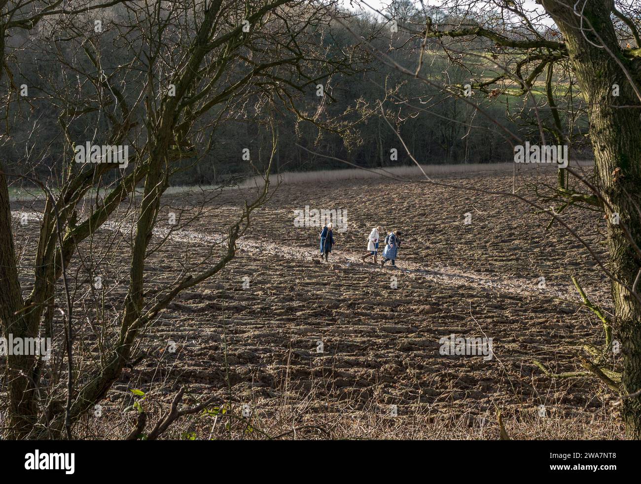 Three women walking across a muddy field Stock Photo - Alamy
