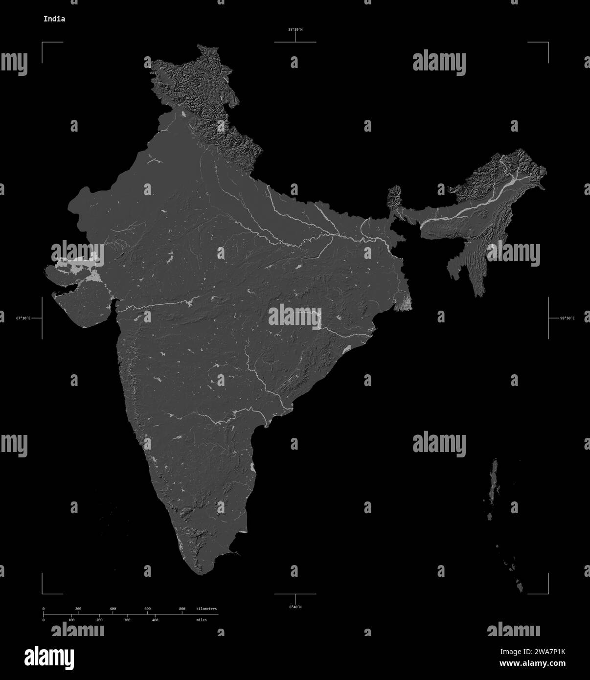 Shape of a Bilevel elevation map with lakes and rivers of the India ...