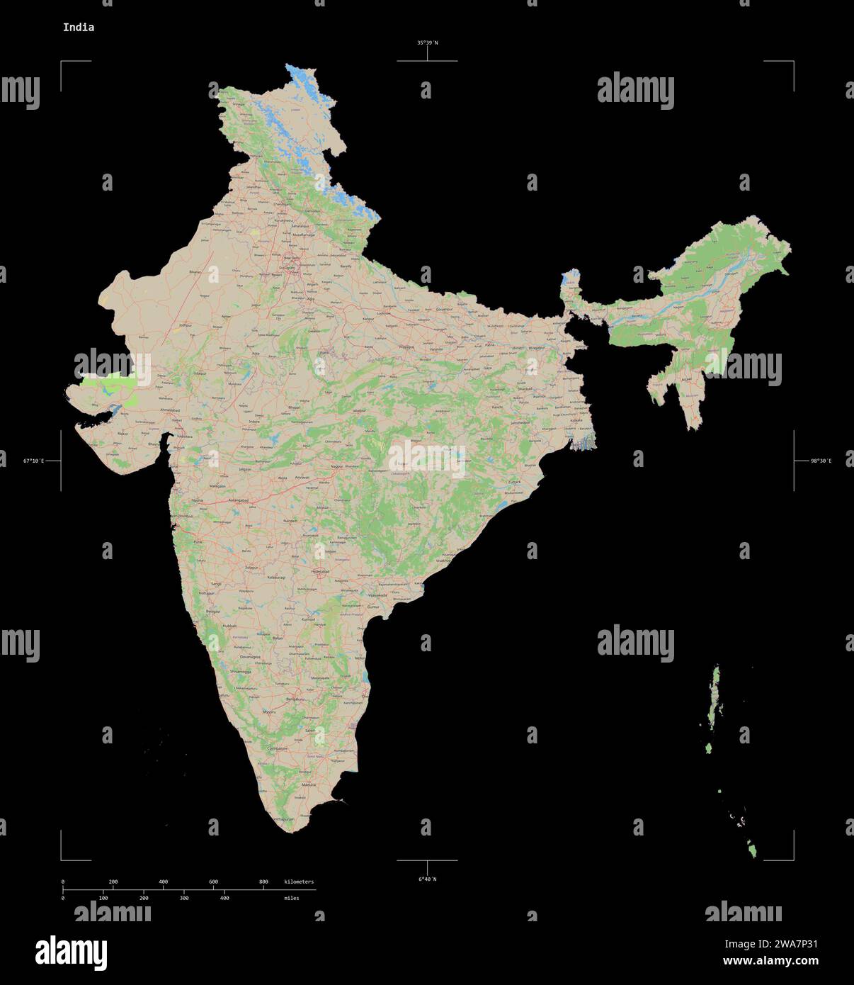 Shape of a topographic, OSM standard style map of the India, with ...