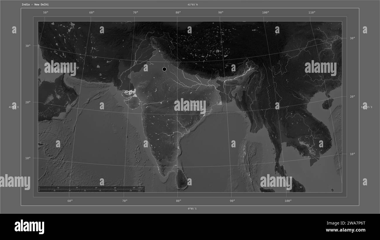India highlighted on a Grayscale elevation map with lakes and rivers ...
