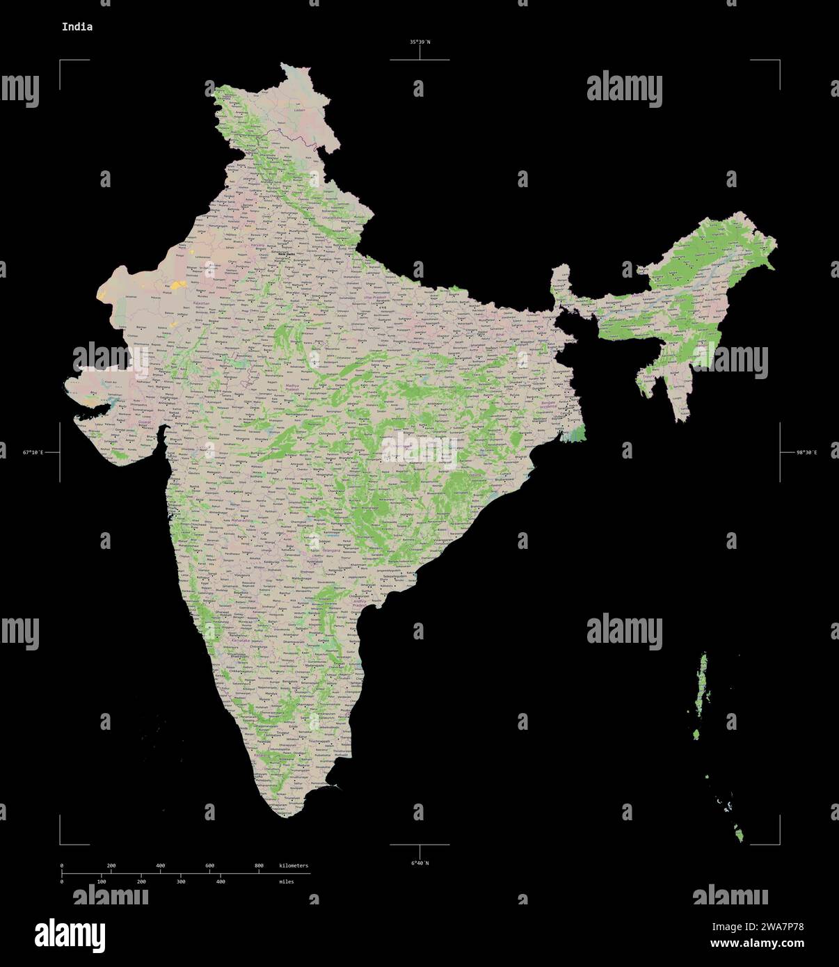 Shape of a topographic, OSM France style map of the India, with ...