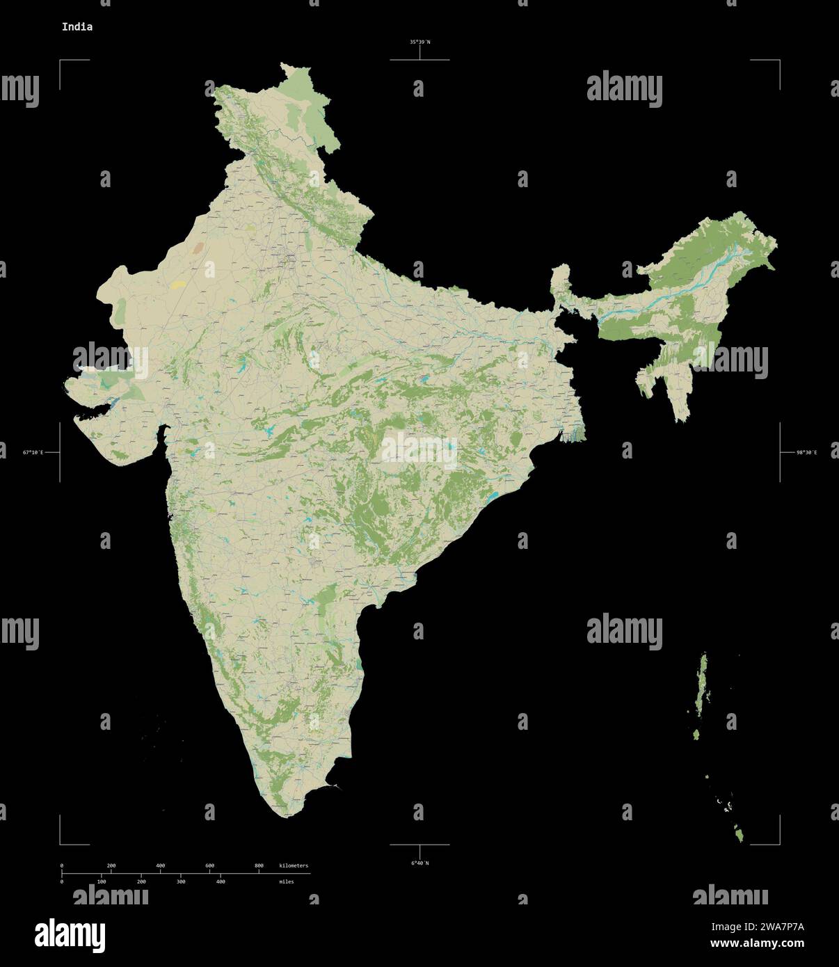 Shape of a topographic, OSM Humanitarian style map of the India, with ...