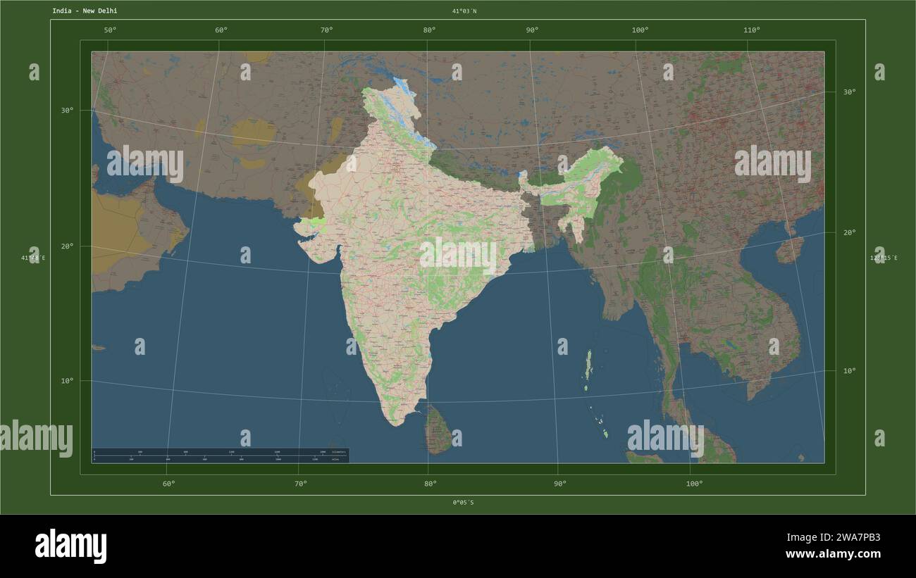 India highlighted on a topographic, OSM Germany style map map with the ...