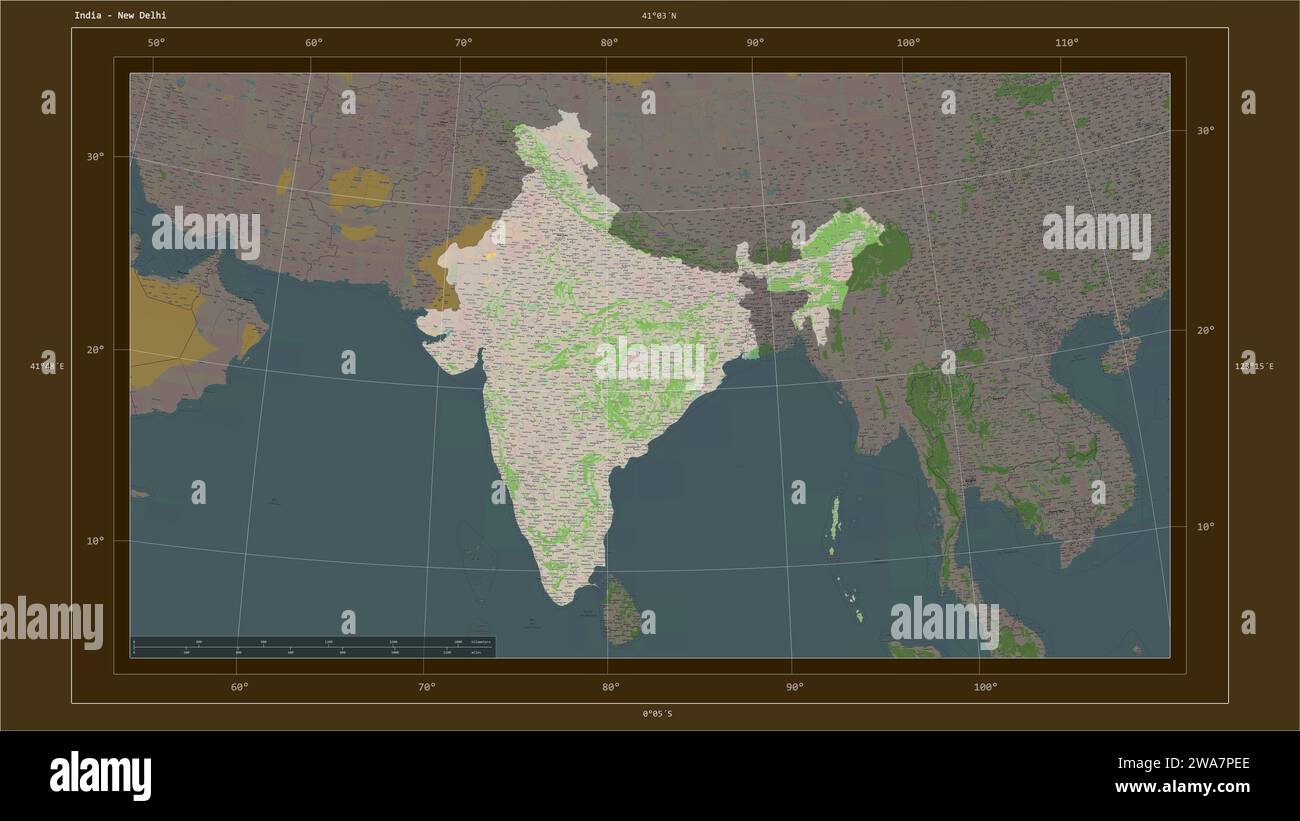 India highlighted on a topographic, OSM France style map map with the ...