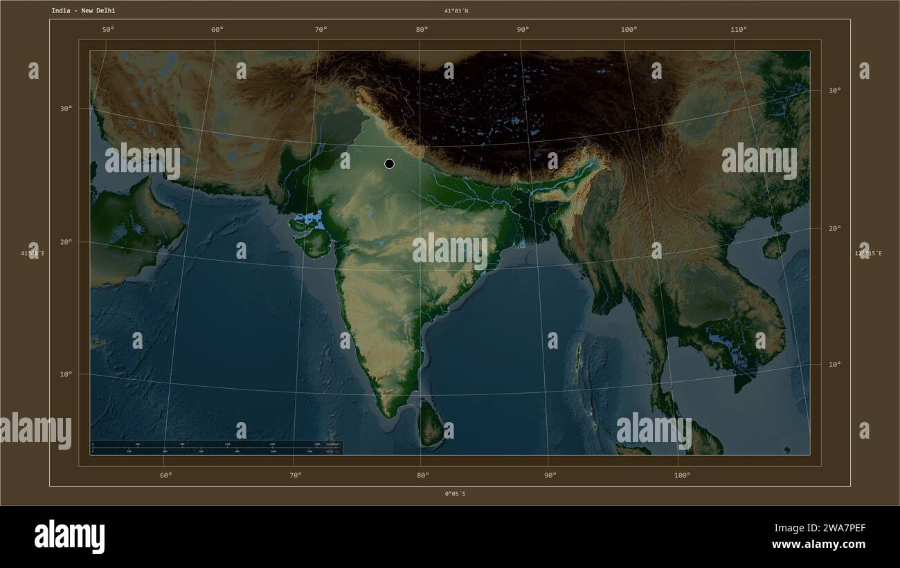 India highlighted on a Colored elevation map with lakes and rivers map ...