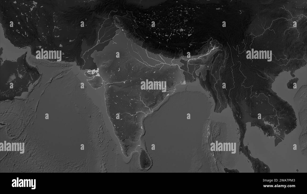 India highlighted on a Grayscale elevation map with lakes and rivers ...