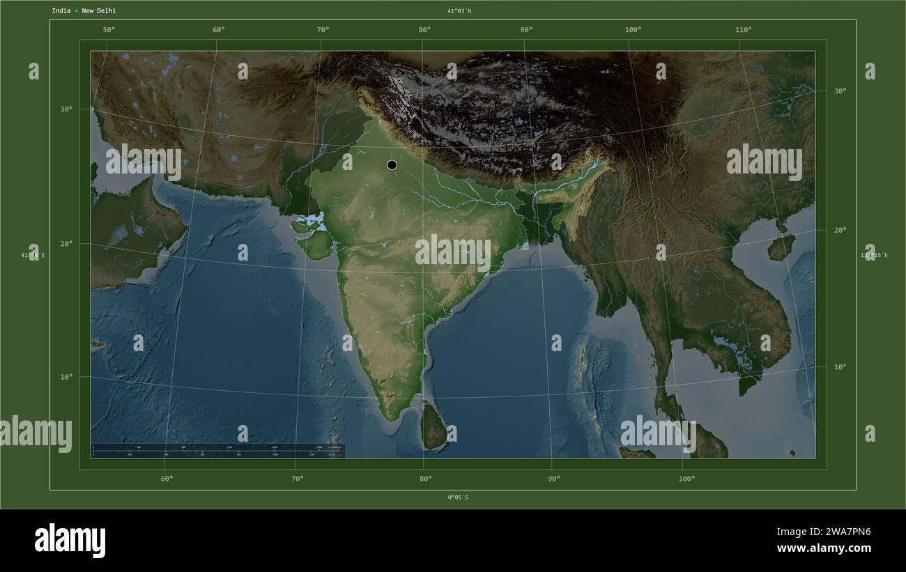 India highlighted on a Pale colored elevation map with lakes and rivers ...
