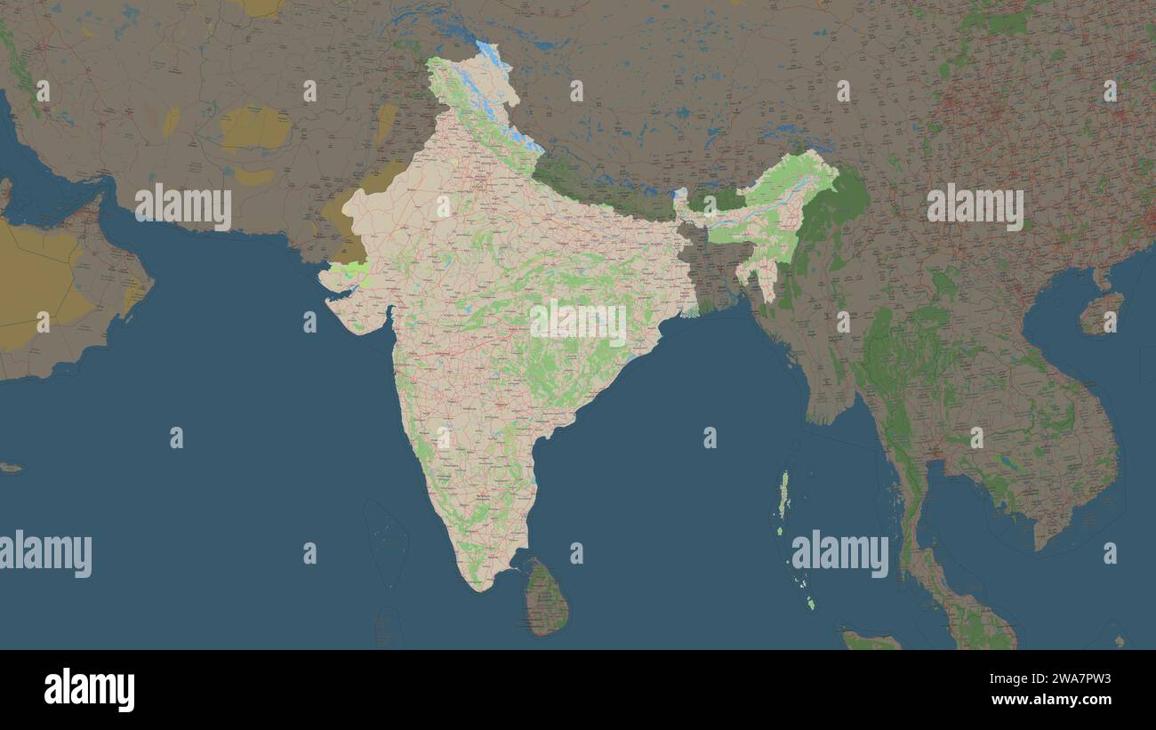 India highlighted on a topographic, OSM Germany style map Stock Photo ...