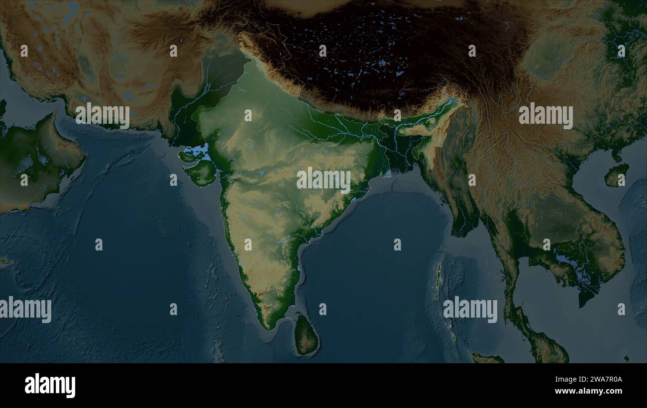 India highlighted on a Colored elevation map with lakes and rivers ...