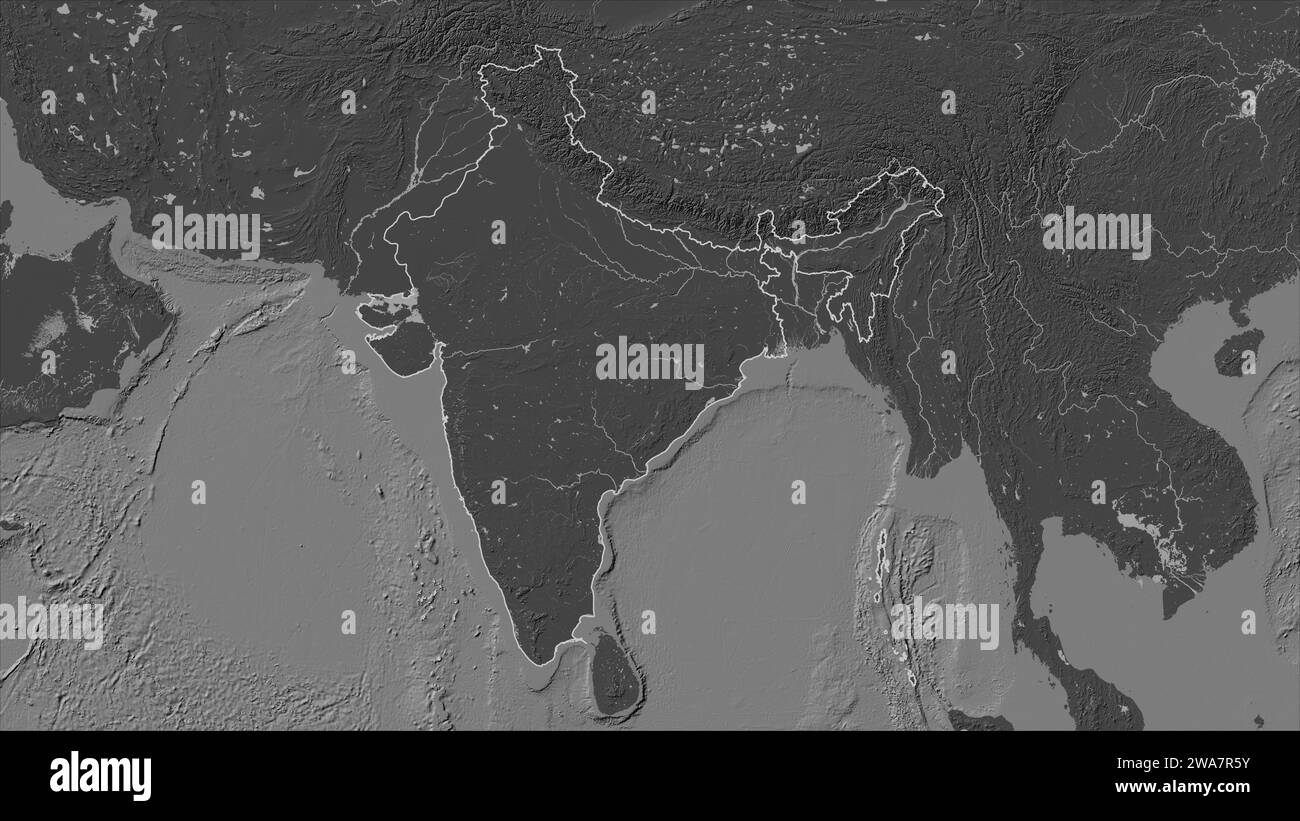 India outlined on a Bilevel elevation map with lakes and rivers Stock ...