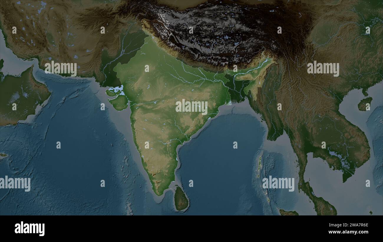 India highlighted on a Pale colored elevation map with lakes and rivers ...