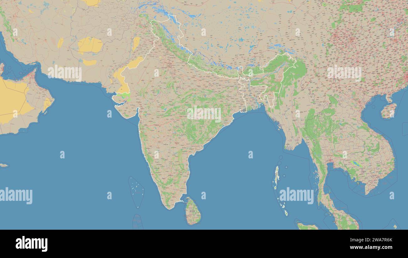 India outlined on a topographic, OSM standard style map Stock Photo - Alamy