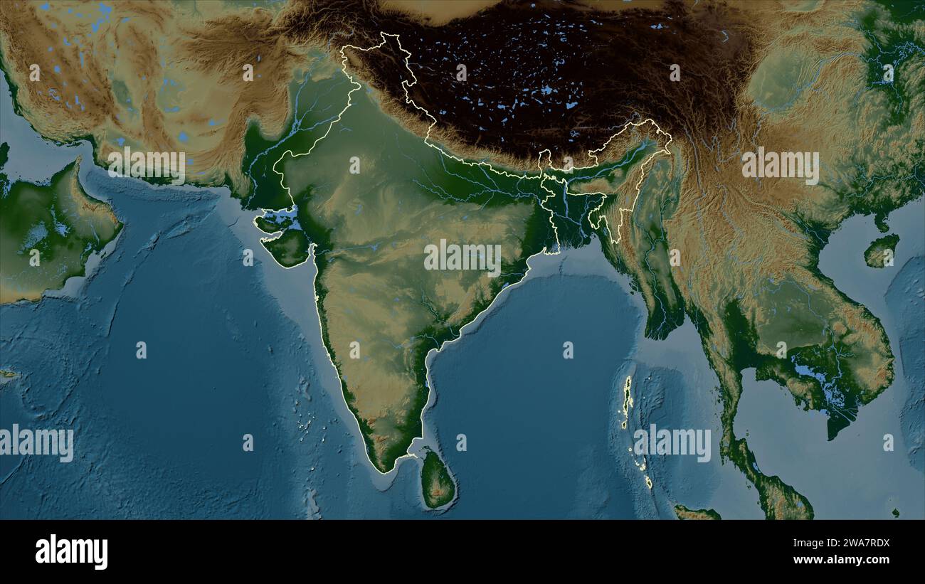 India outlined on a Colored elevation map with lakes and rivers Stock ...