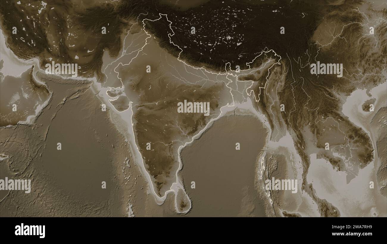 India outlined on a elevation map colored in sepia tones with lakes and ...