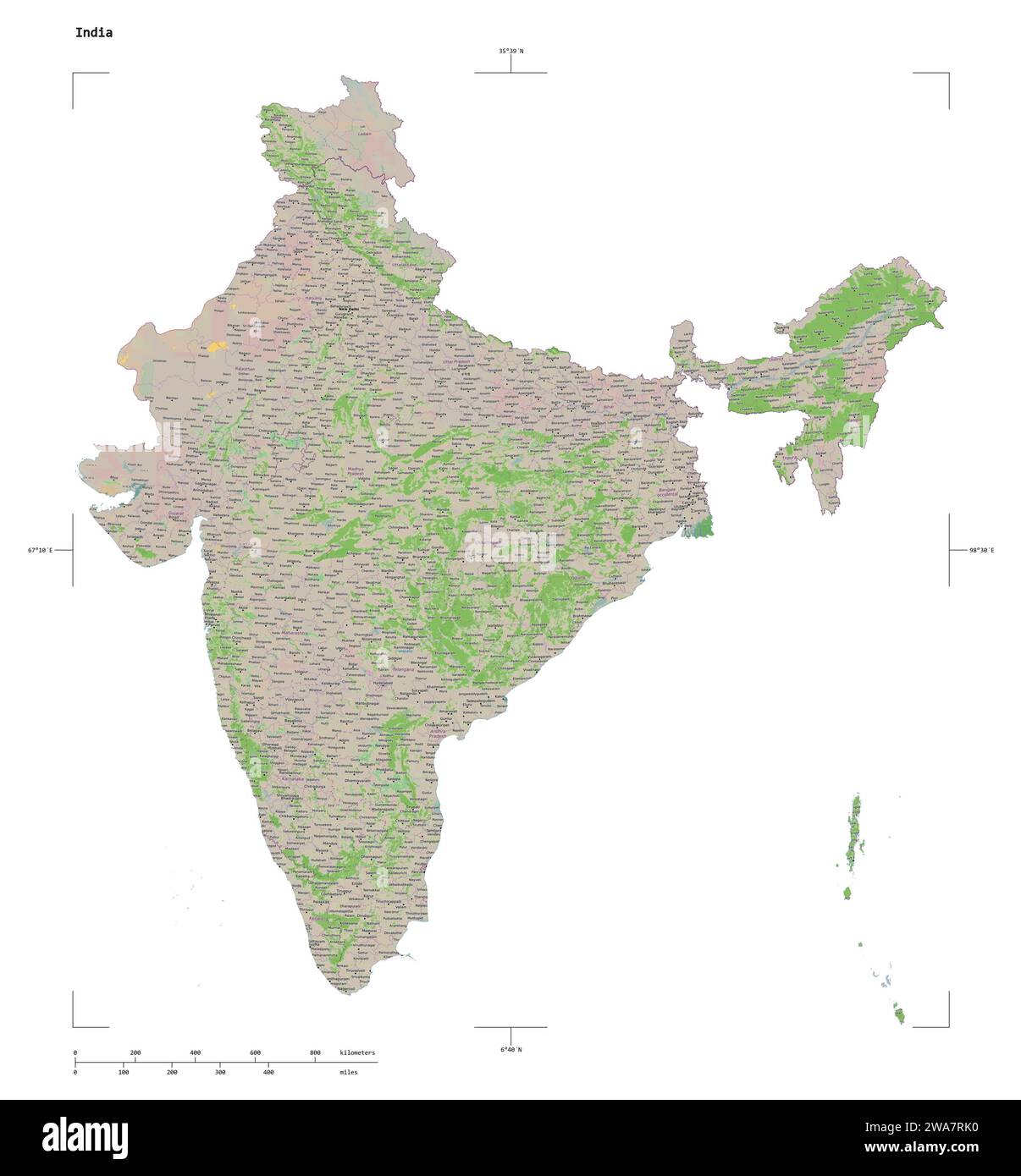 Shape of a topographic, OSM France style map of the India, with ...