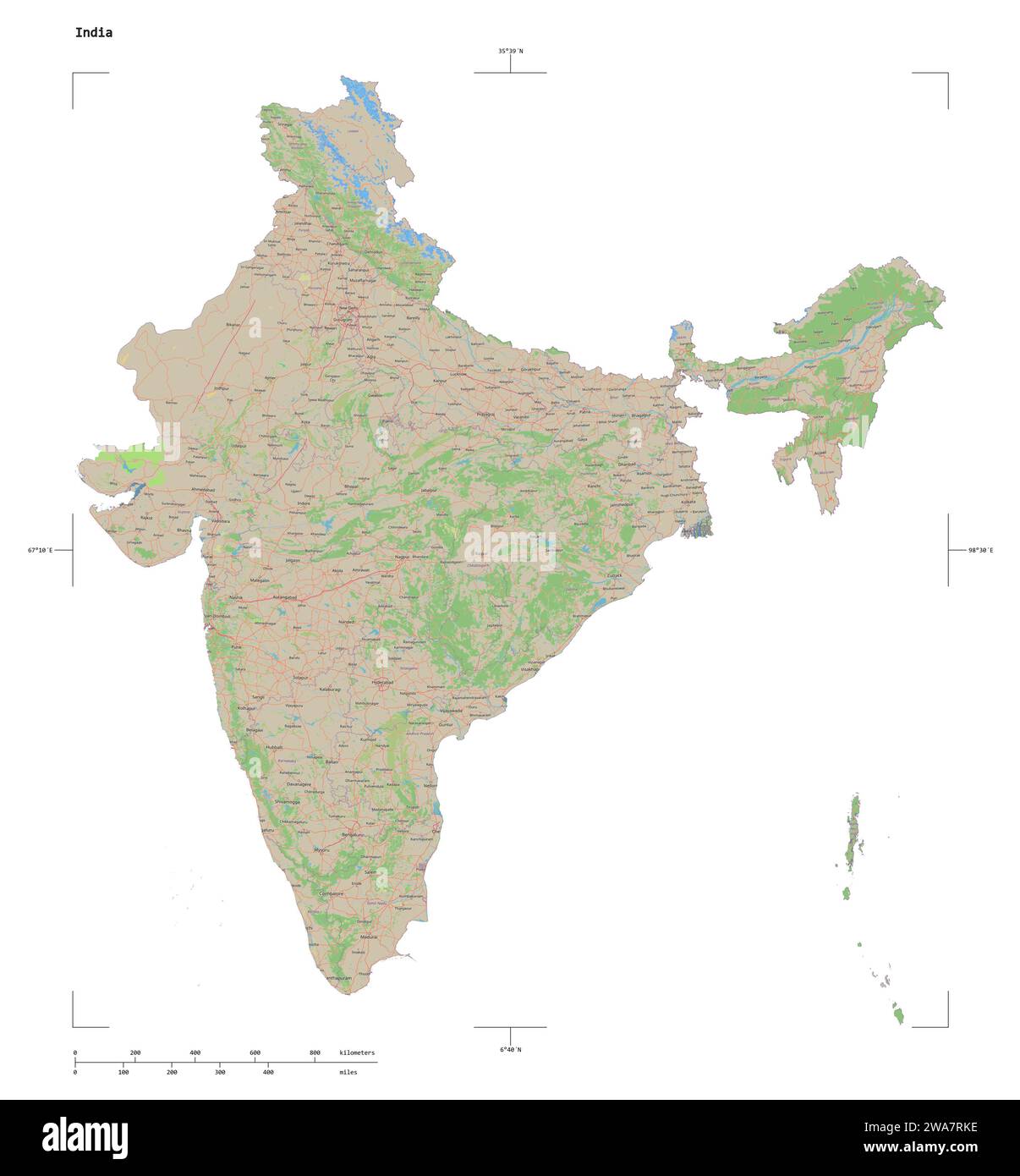 Shape of a topographic, OSM standard style map of the India, with ...