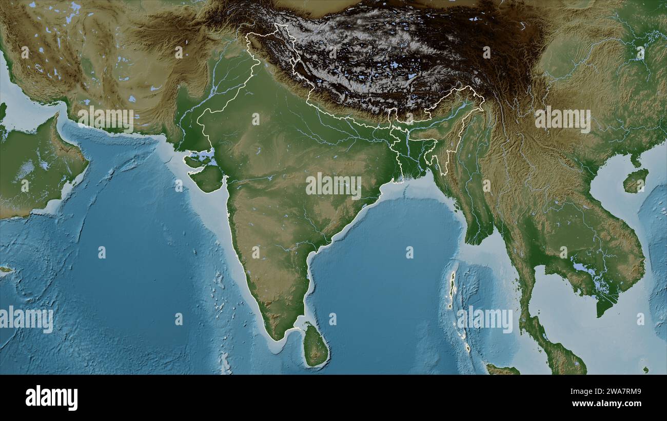 India outlined on a Pale colored elevation map with lakes and rivers ...