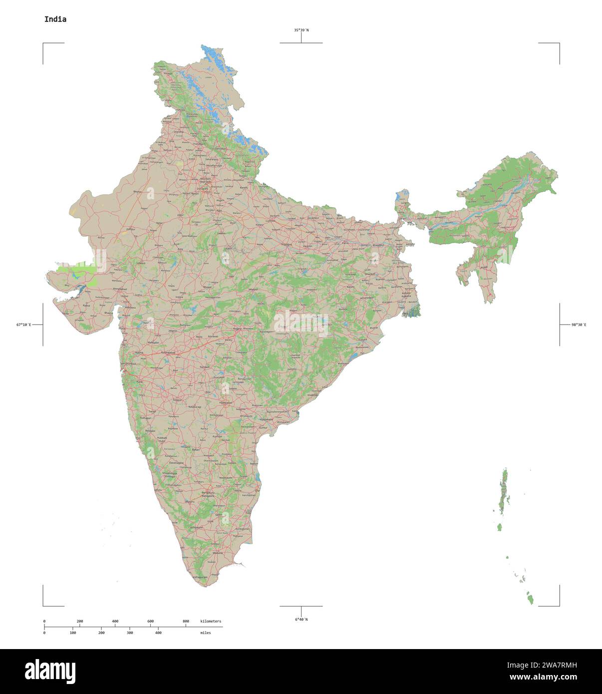 Shape of a topographic, OSM Germany style map of the India, with distance scale and map border ...