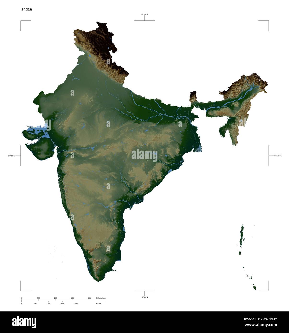 Shape of a Colored elevation map with lakes and rivers of the India ...