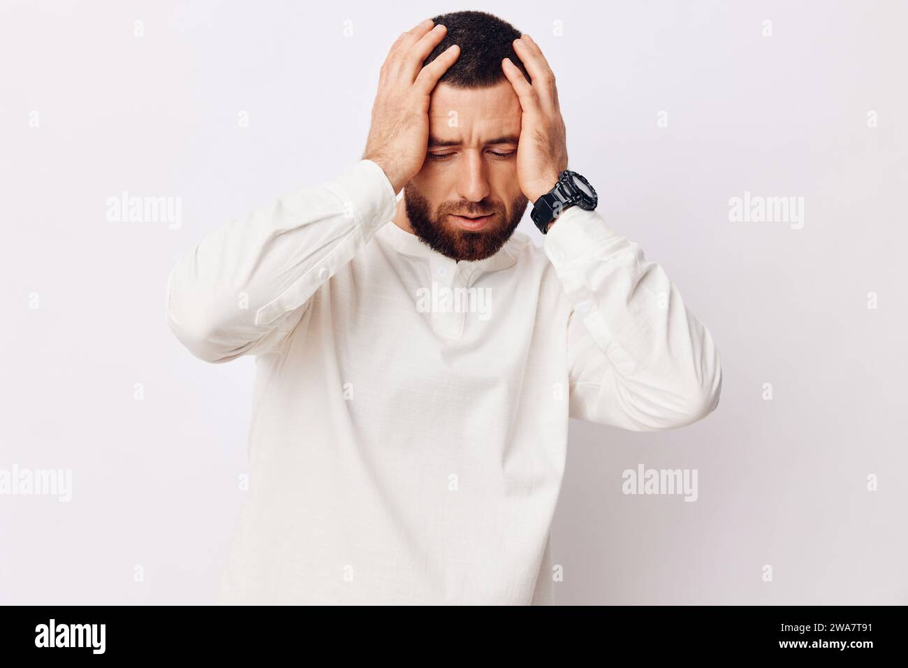 Young caucasian men pain adult face head sad stress unhappy background ...