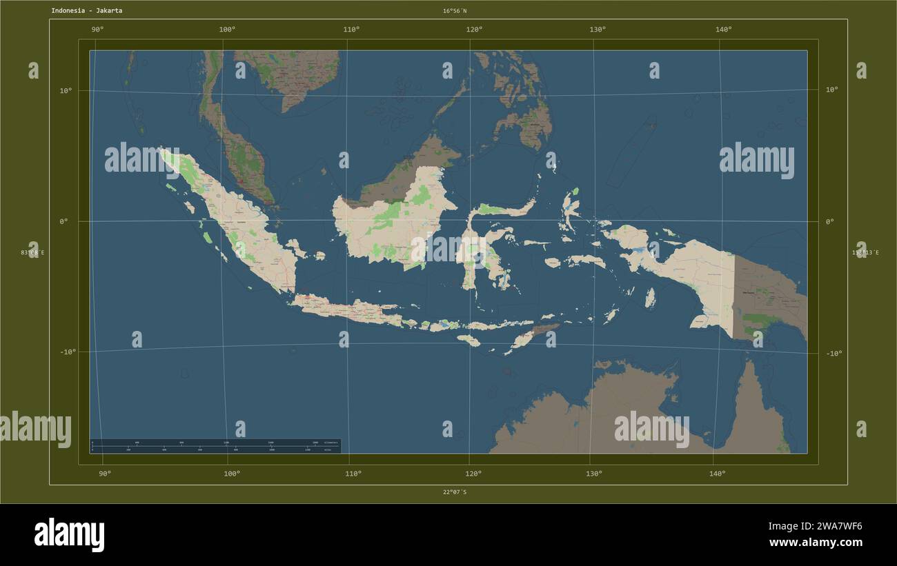 Indonesia highlighted on a topographic, OSM standard style map map with ...