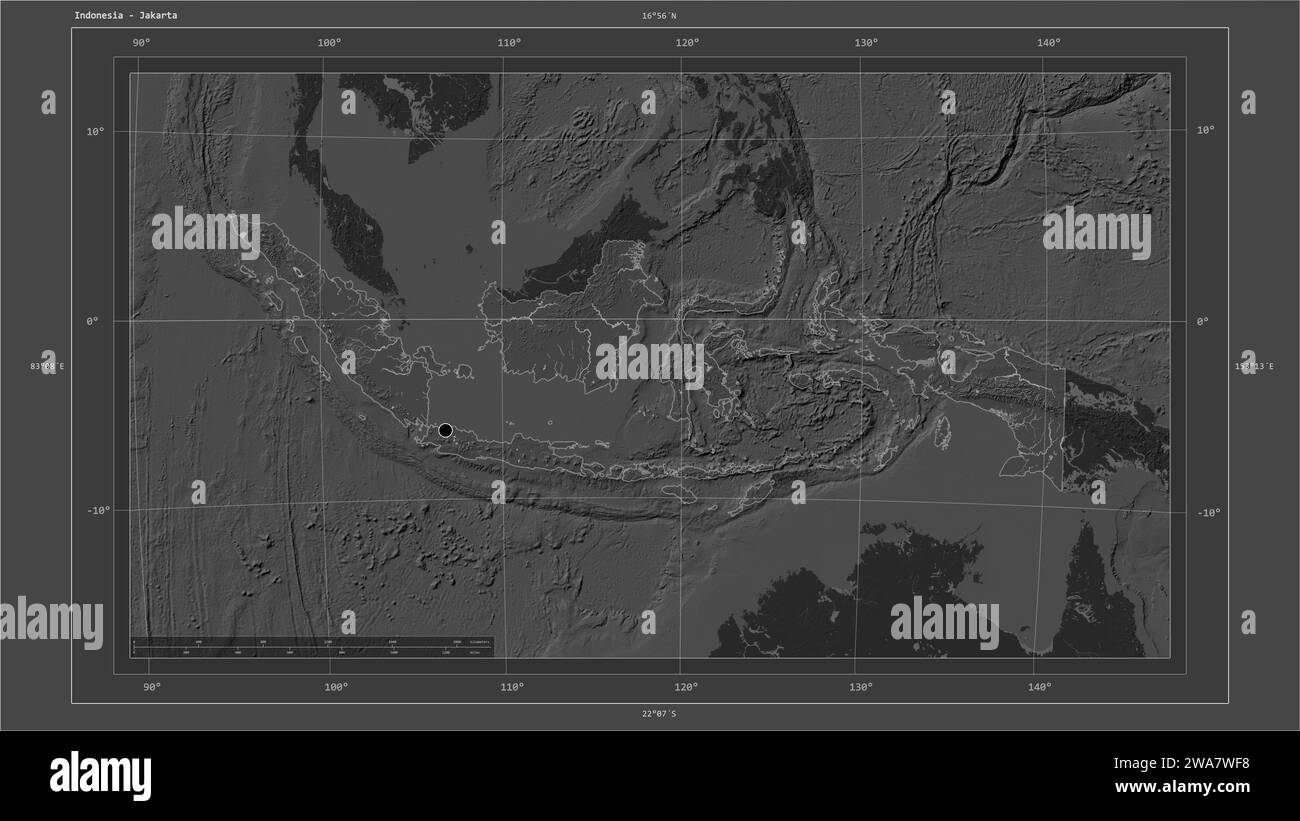 Indonesia highlighted on a Bilevel elevation map with lakes and rivers ...