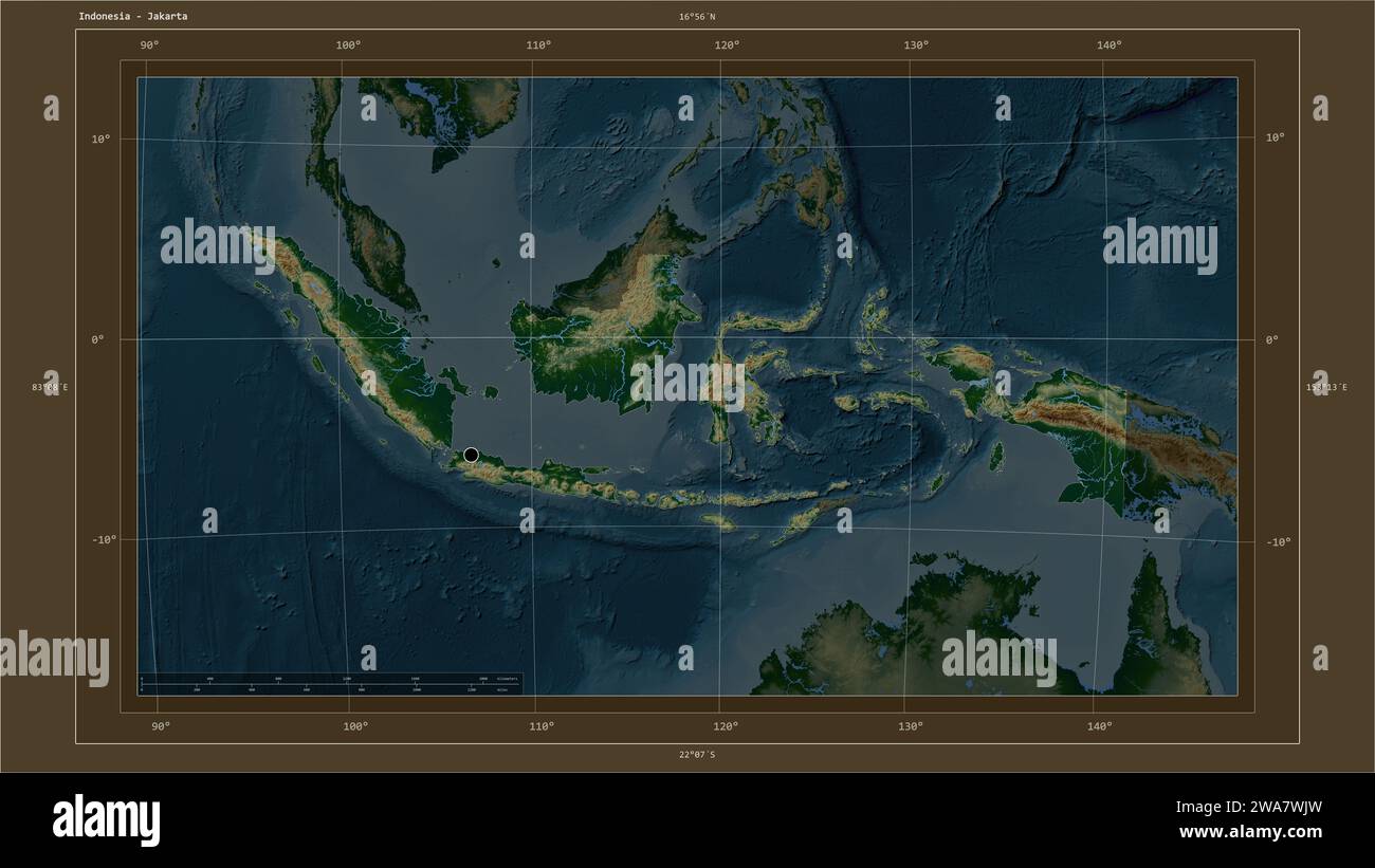 Indonesia highlighted on a Colored elevation map with lakes and rivers ...