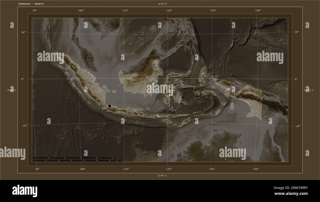 Indonesia highlighted on a elevation map colored in sepia tones with ...