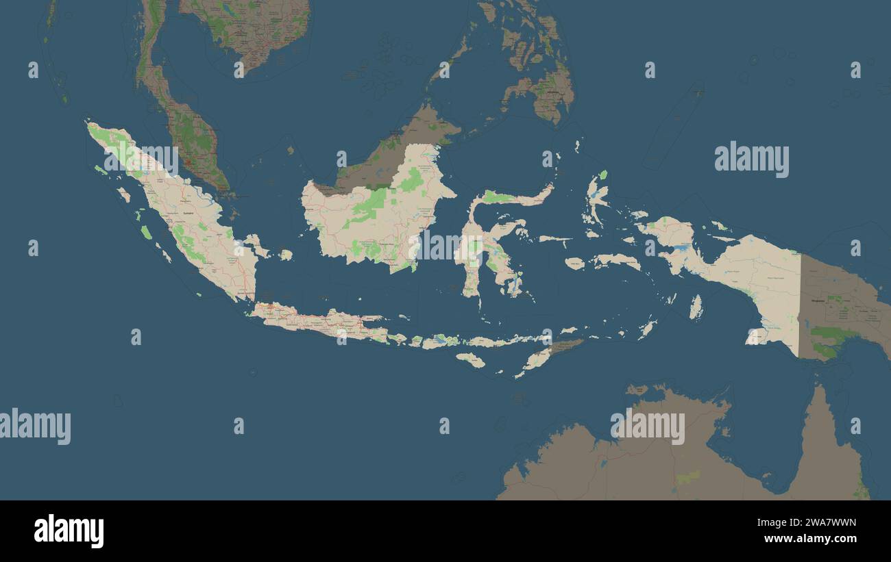 Indonesia highlighted on a topographic, OSM Germany style map Stock ...