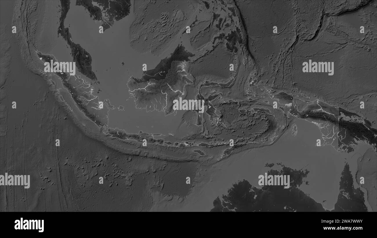 Indonesia highlighted on a Grayscale elevation map with lakes and ...