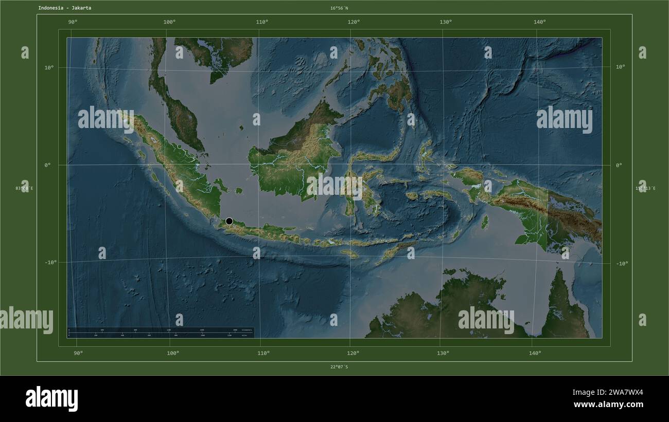 Indonesia highlighted on a Pale colored elevation map with lakes and ...