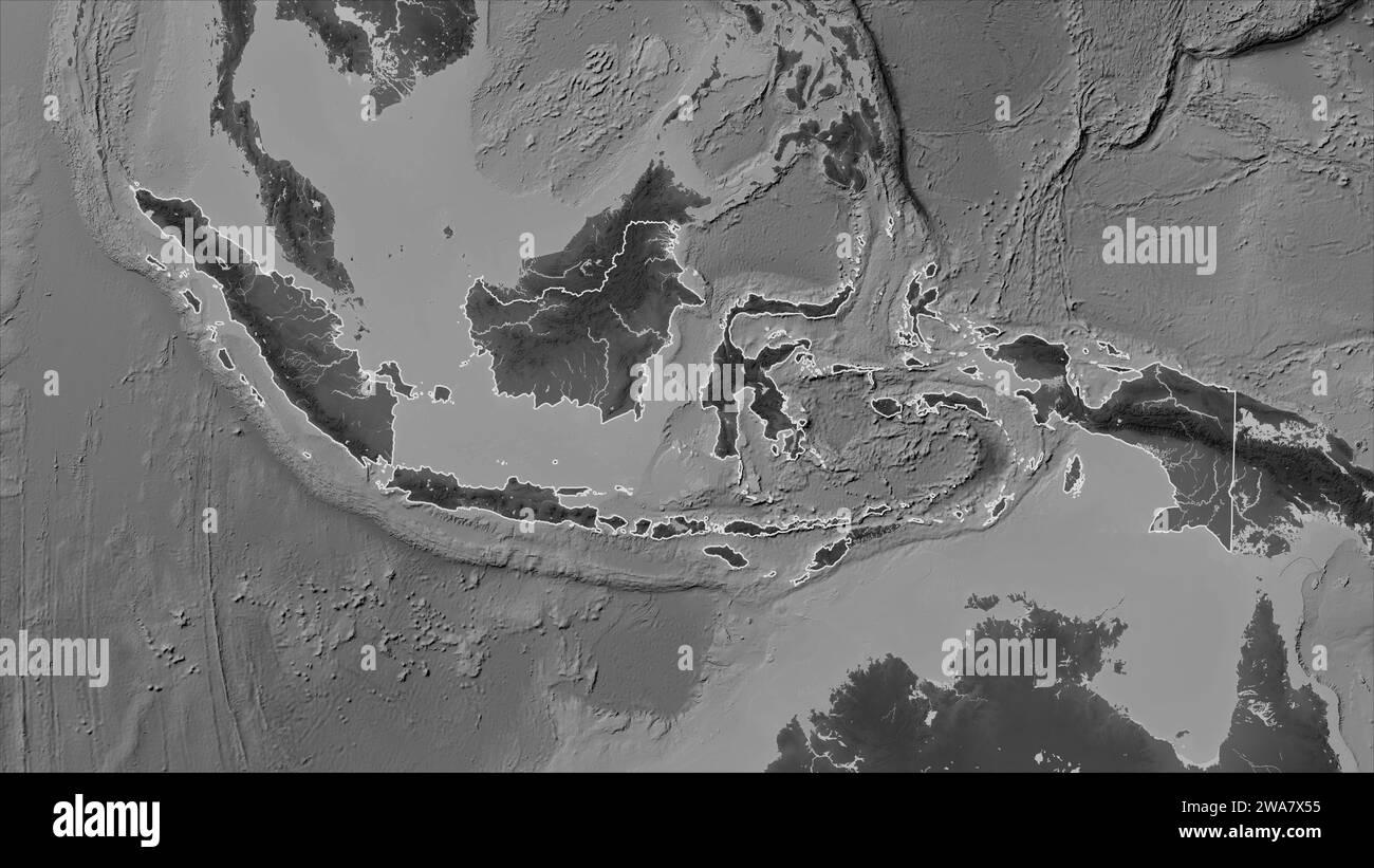 Indonesia outlined on a Grayscale elevation map with lakes and rivers ...