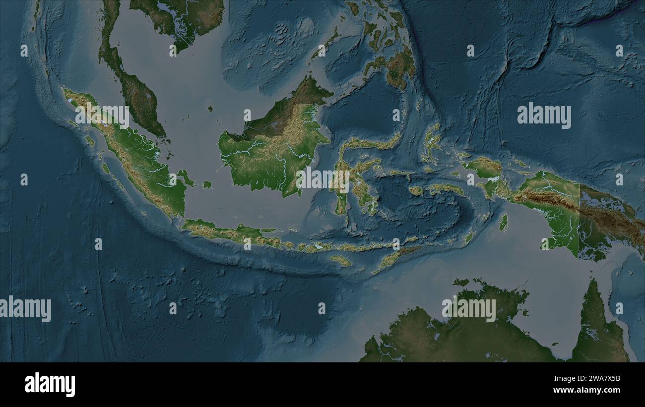 Indonesia highlighted on a Pale colored elevation map with lakes and ...