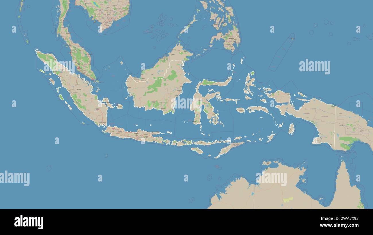 Indonesia outlined on a topographic, OSM standard style map Stock Photo ...