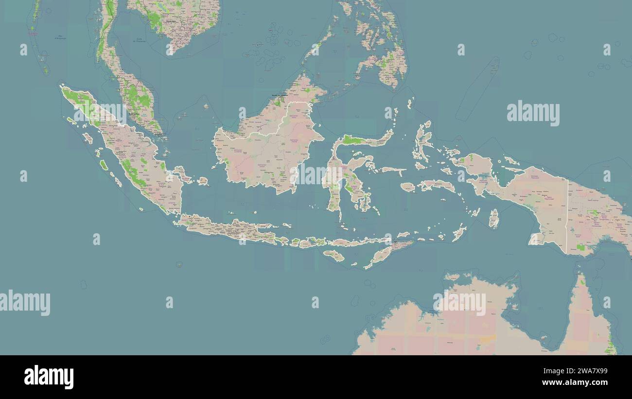 Indonesia outlined on a topographic, OSM France style map Stock Photo ...