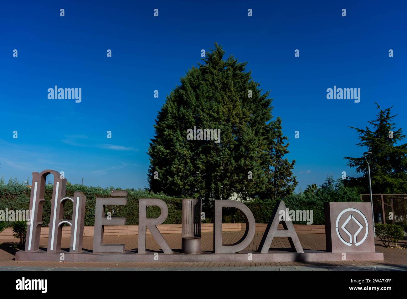 Merida, Spain. November 13, 2023. Wooden 'Merida' sign against Mérida's ...