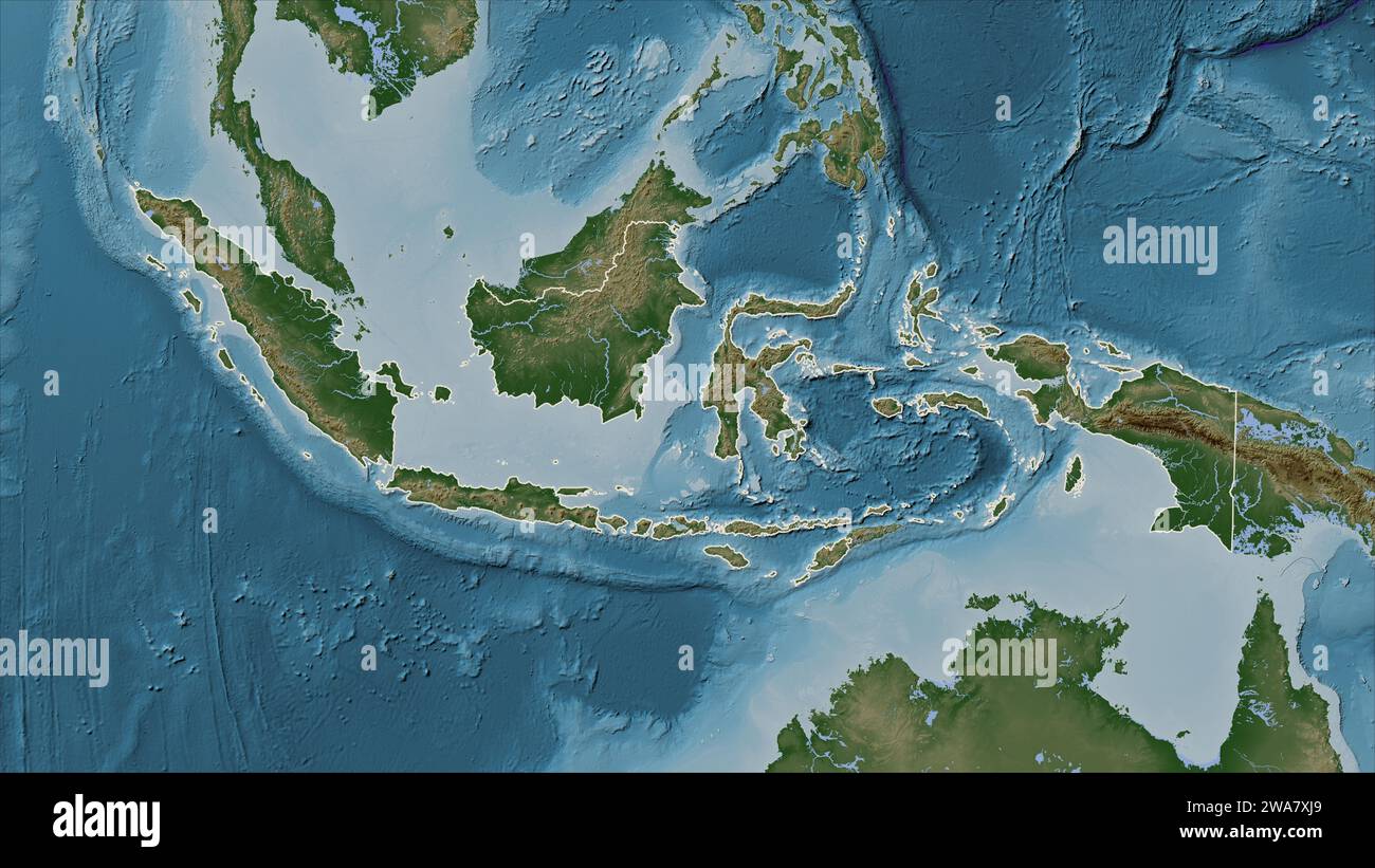 Indonesia outlined on a Pale colored elevation map with lakes and ...
