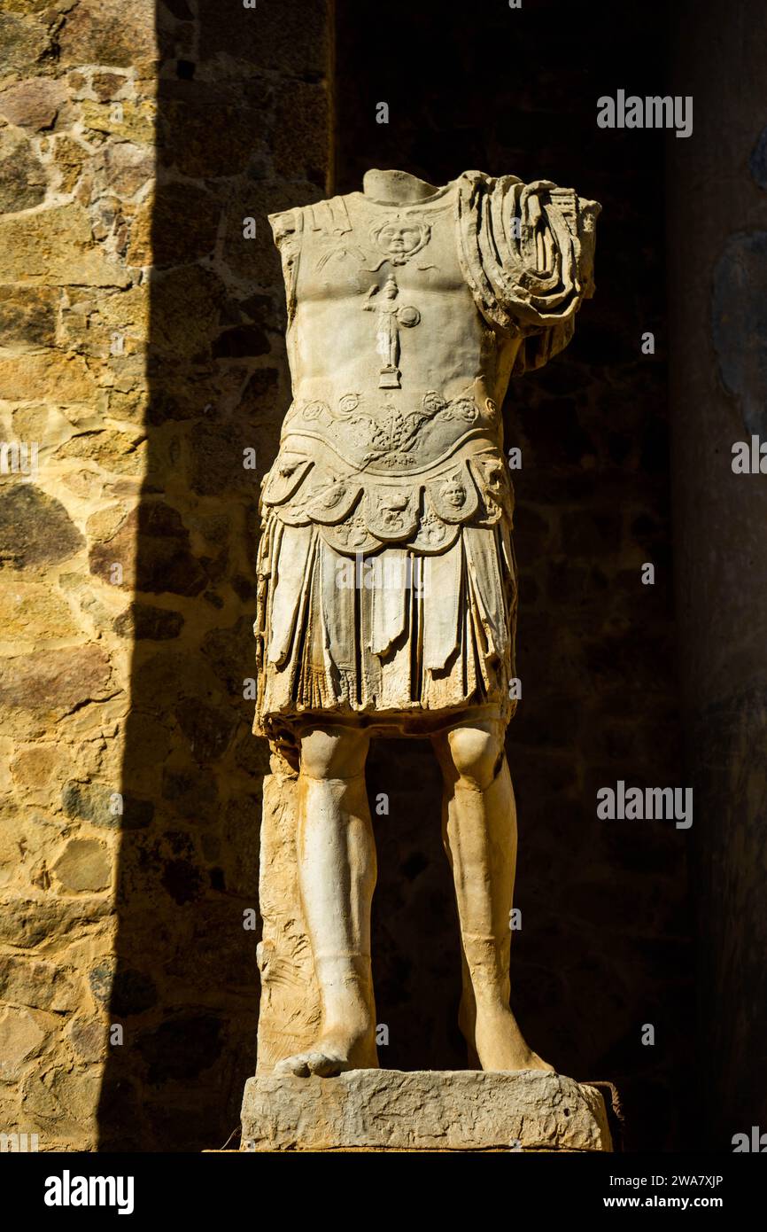 Merida, Spain. November 13, 2023. Roman statues adorn the ancient ruins ...