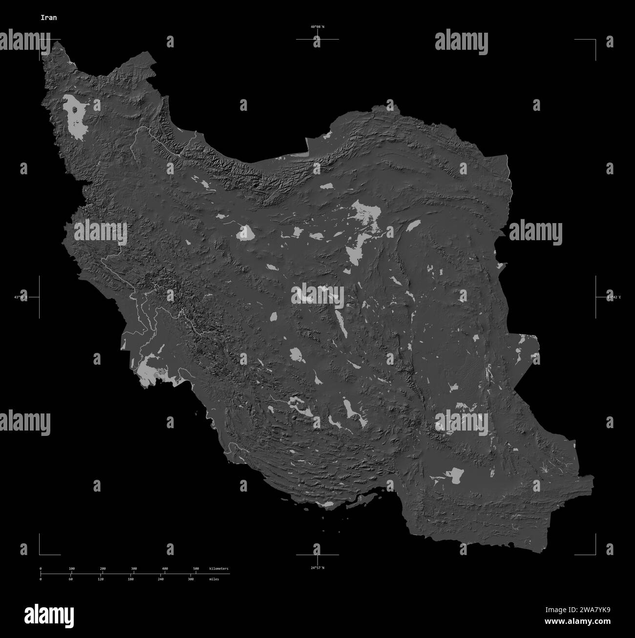 Shape of a Bilevel elevation map with lakes and rivers of the Iran, with distance scale and map ...