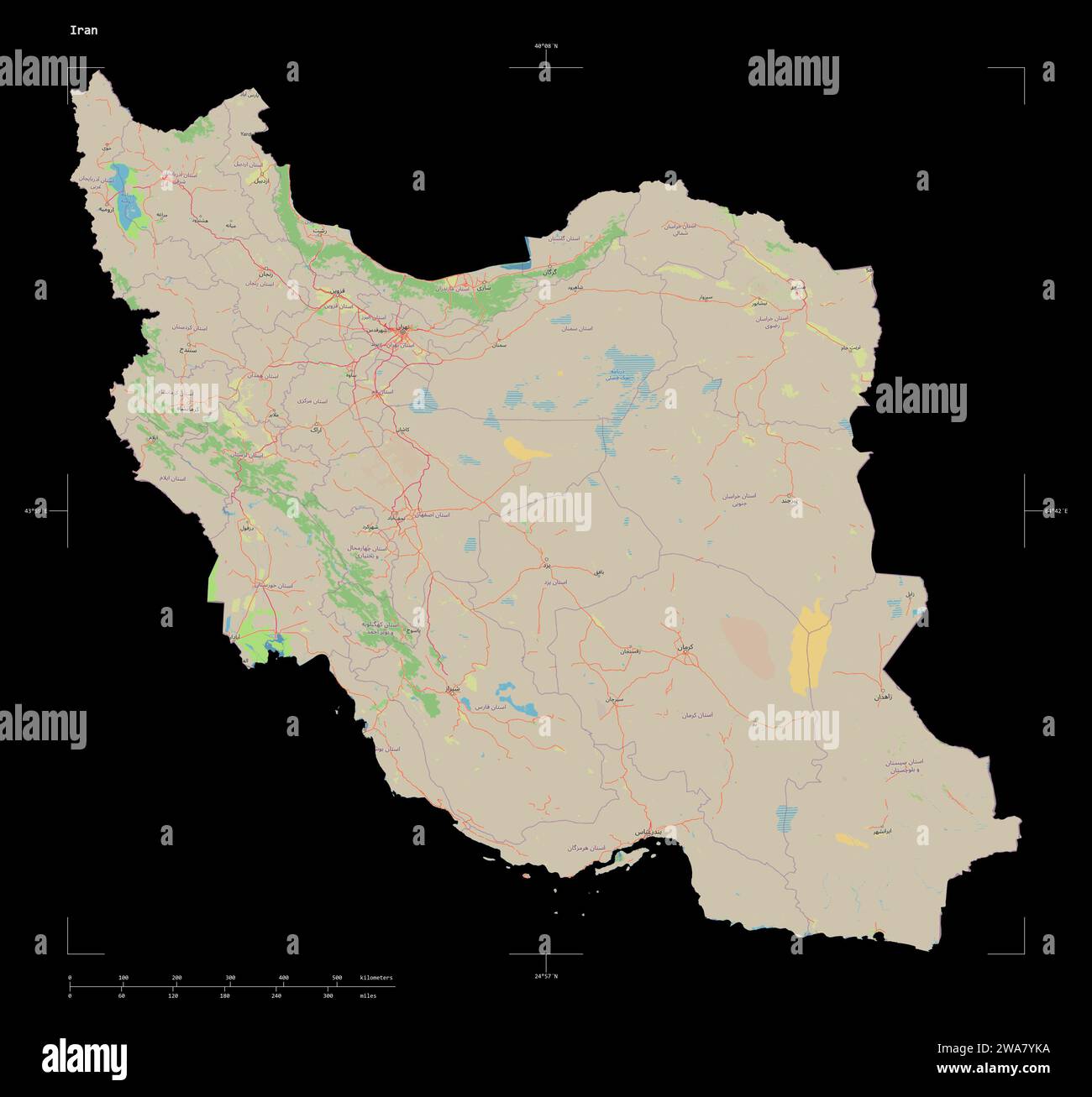 Shape of a topographic, OSM standard style map of the Iran, with ...
