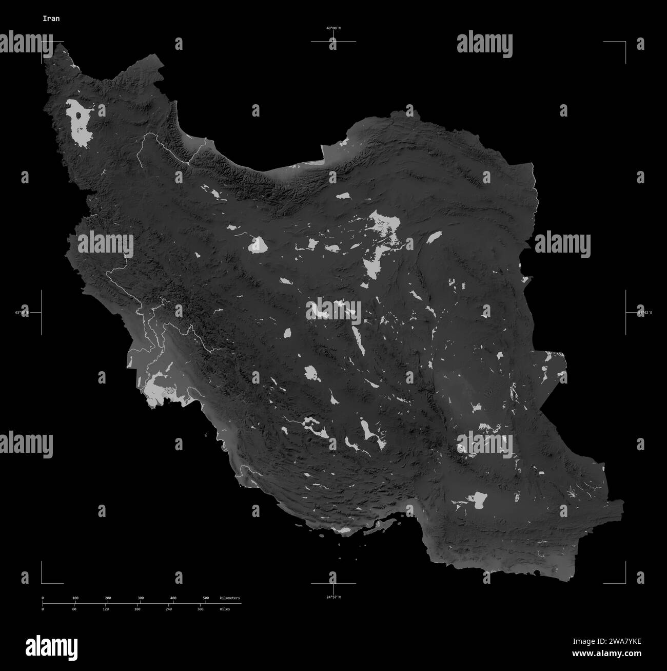 Shape of a Grayscale elevation map with lakes and rivers of the Iran, with distance scale and ...