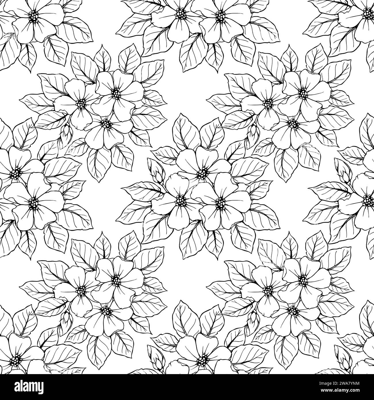 seamless contour pattern of large black flowers on a white background ...