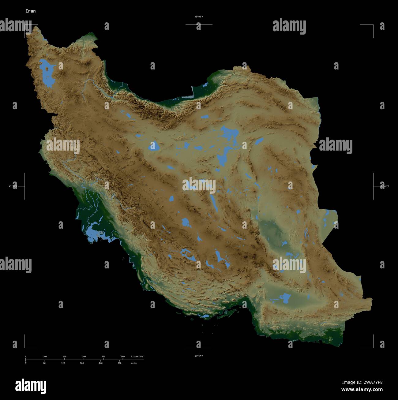Shape of a Colored elevation map with lakes and rivers of the Iran ...